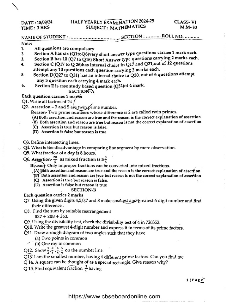 Cbse Class 6 Hy Mathematics 300924 Sep 2024 | PDF