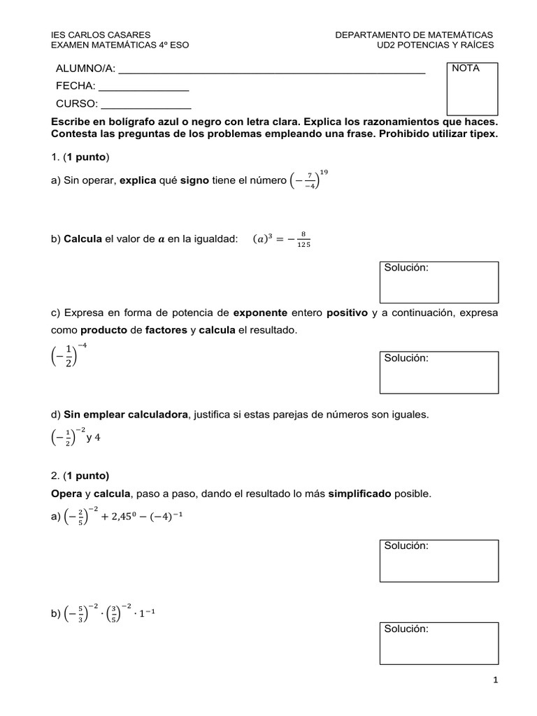EXAMEN B_3ESO_UD2 POTENCIAS Y RAÍCES | PDF | Exponenciación | Entero