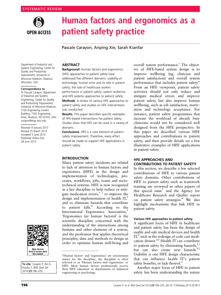 Human Factors and Ergonomics as a Patient Safety Practice | PDF | Human ...