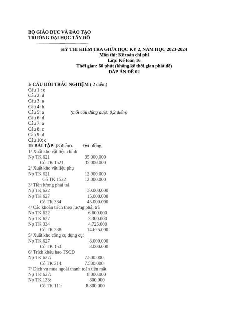 Đáp án đề 2- Ke toan chi phí - Hk2 -2022 -2023 | PDF