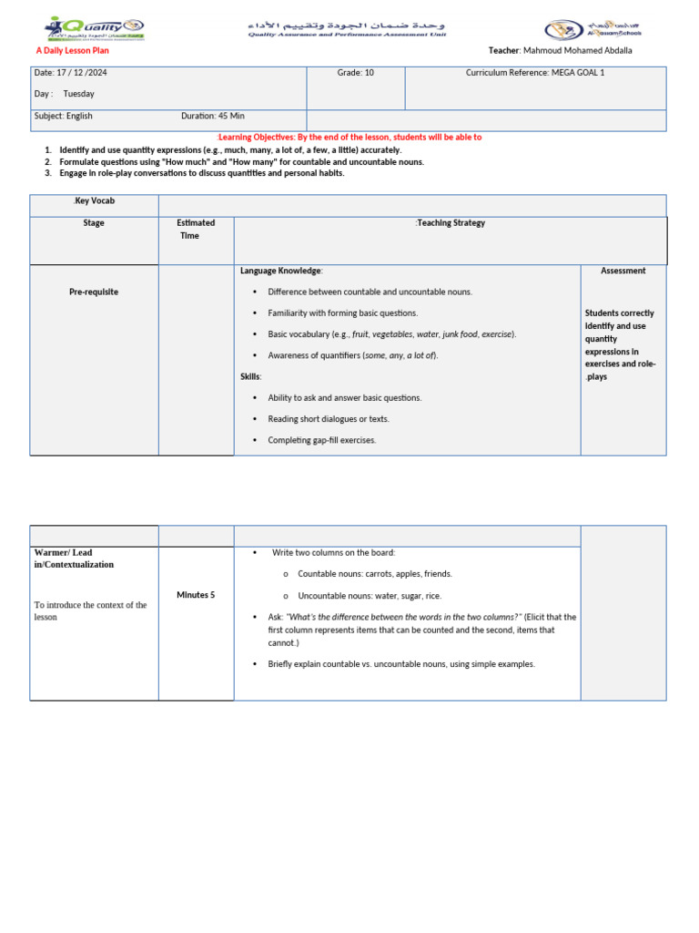 Unit 6 FMF Lesson Plan | PDF | Quantity | Vocabulary