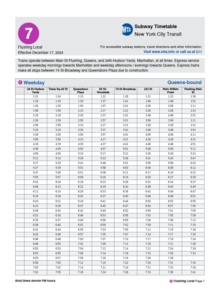 MTA 7 Subway Timetable 20231217 | PDF | Transport | Rapid Transit