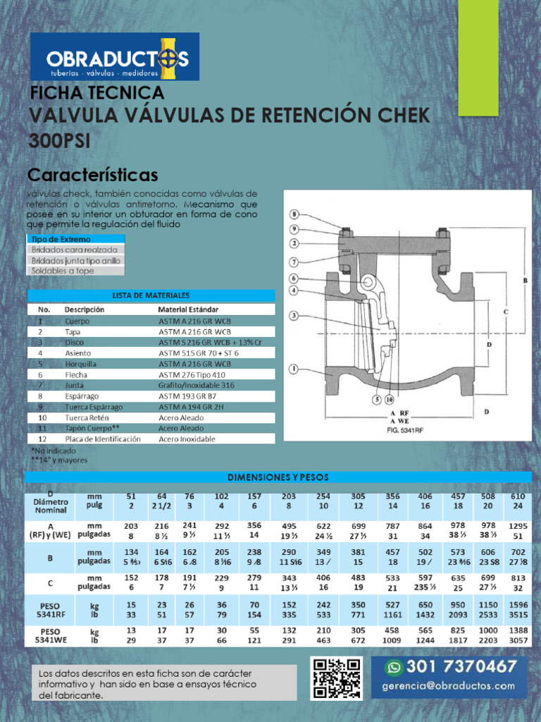 Ficha Tecnica Obraductos - Valvula Cheque 300psi | PDF