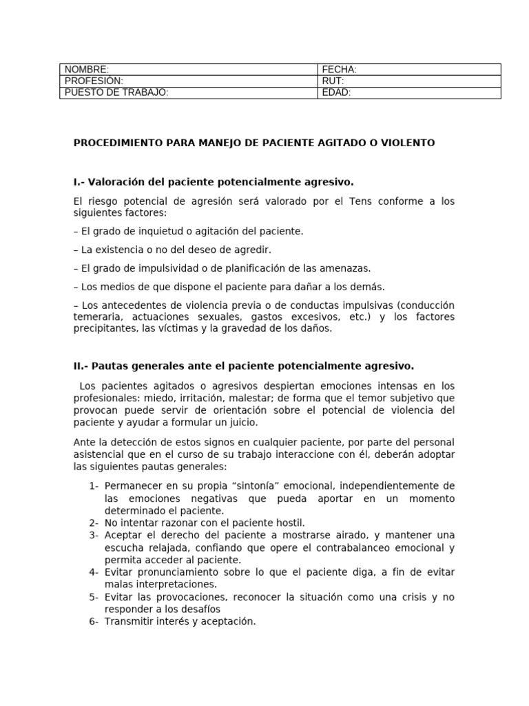 Procedimiento para Manejo de Paciente Agitado o Violento | PDF | Las ...