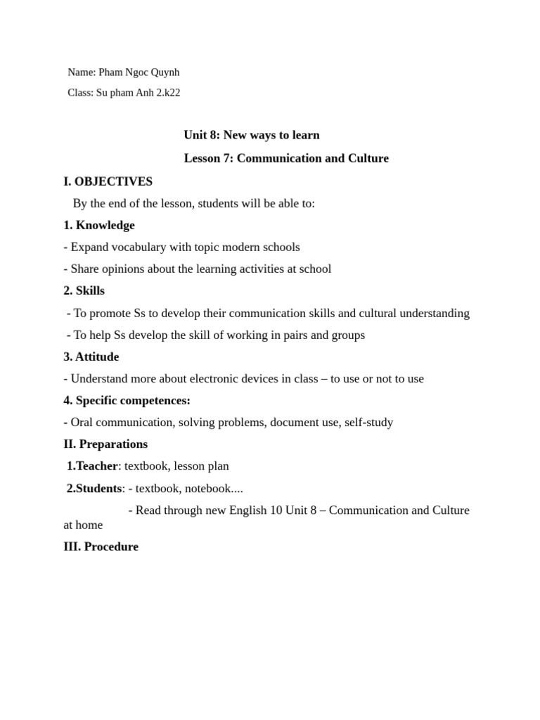 Giao An TA10 Unit 8 Lesson7 | PDF | Communication | Human Communication