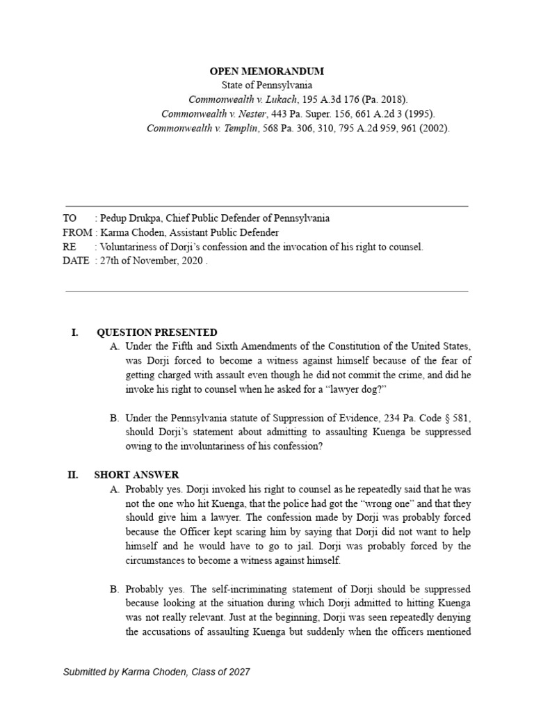 OPEN MEMORANDUM | PDF | Confession (Law) | Sixth Amendment To The ...