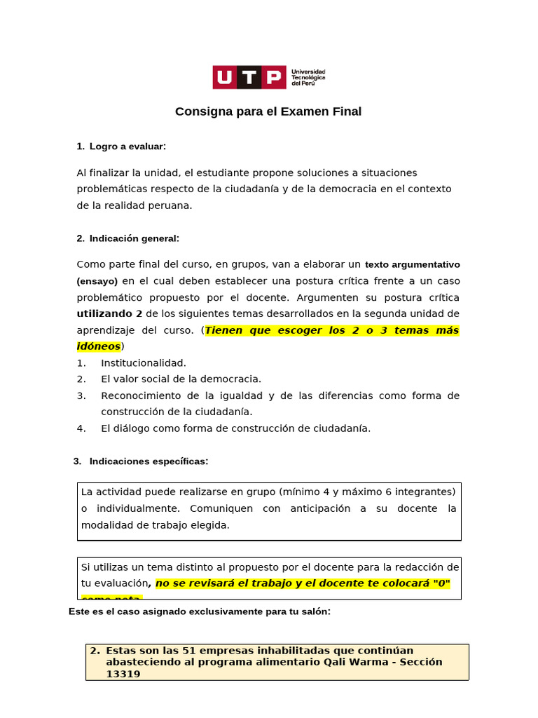 Consigna Examen Final-Sección 13319 | PDF | Evaluación | Ensayos
