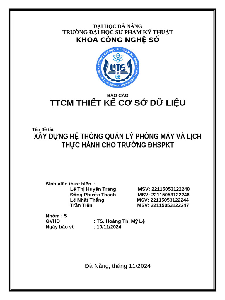 TTCM TKCSDL - XÂY DỰNG HỆ THỐNG QUẢN LÝ PHÒNG MÁY VÀ LỊCH THỰC HÀNH CHO TRƯỜNG ĐHSPKT | PDF