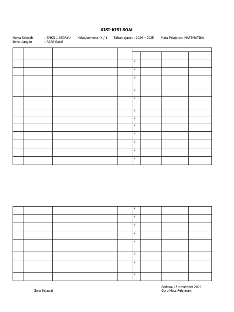 Kisi - Kisi Soal Asas MTK X 2024 - 2025 Gasal | PDF