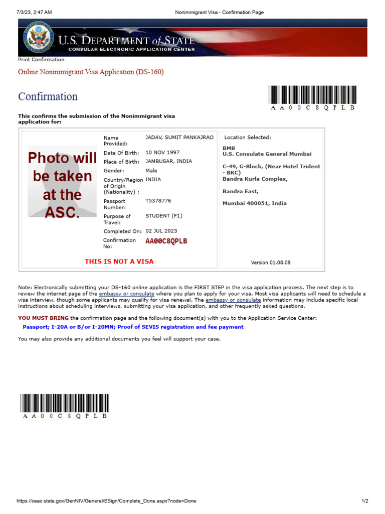 Nonimmigrant Visa - Confirmation Page | PDF | Travel Visa | Fingerprint
