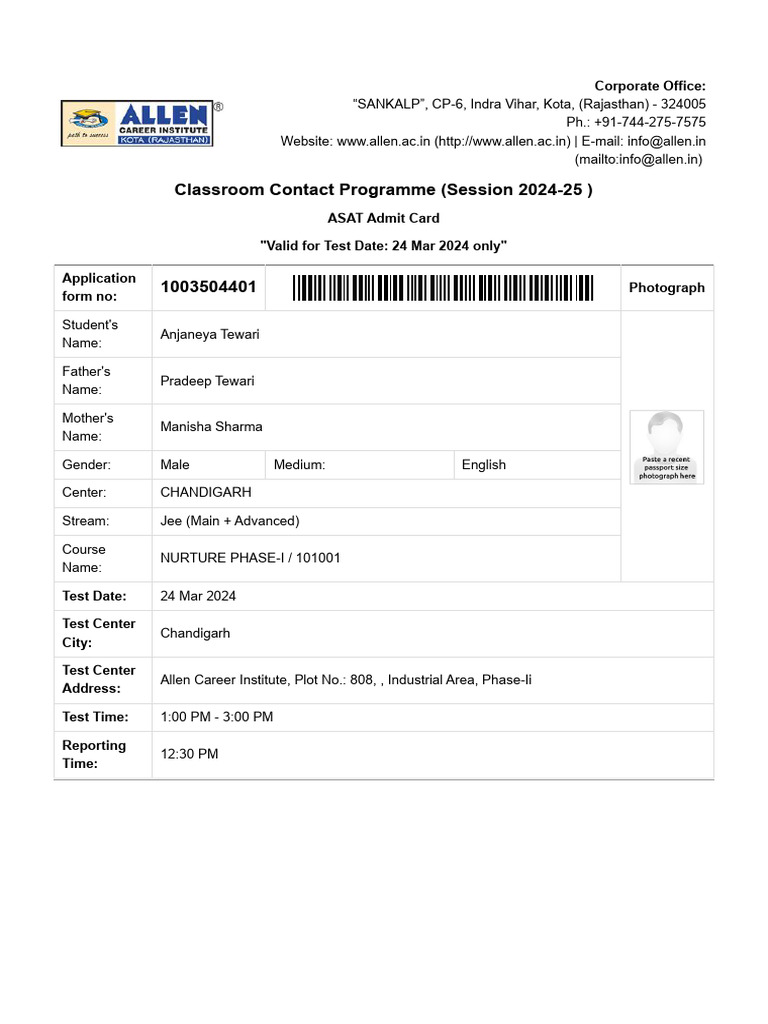 ASAT Admit Card for 2024-25 Session | PDF