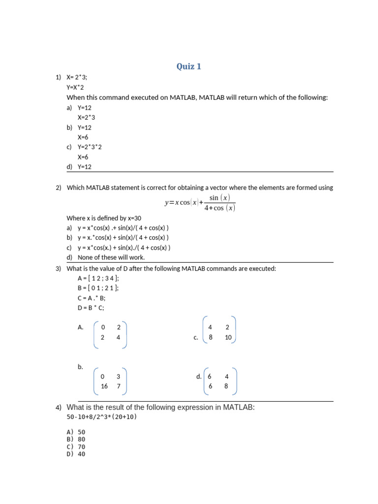 MATLAB Quiz: Functions and Operations | PDF