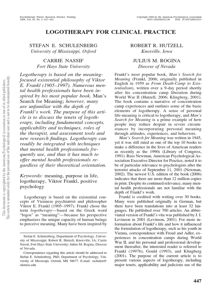 Logotherapy for clinical practice - MIP I | PDF | Psychotherapy ...