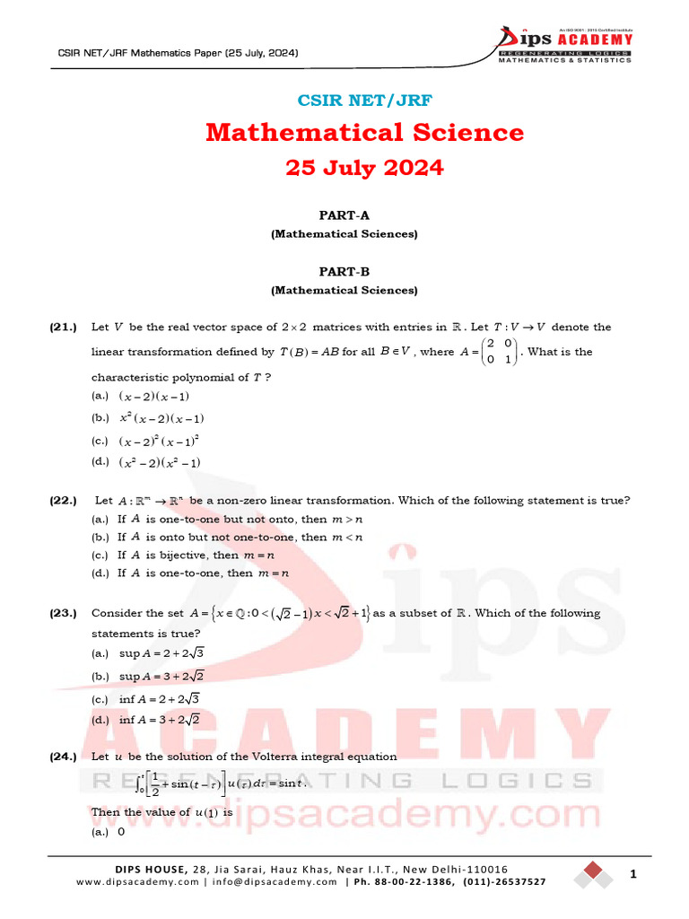 CSIR NET 2024 (25-07-2024) | PDF | Regression Analysis | Applied Mathematics