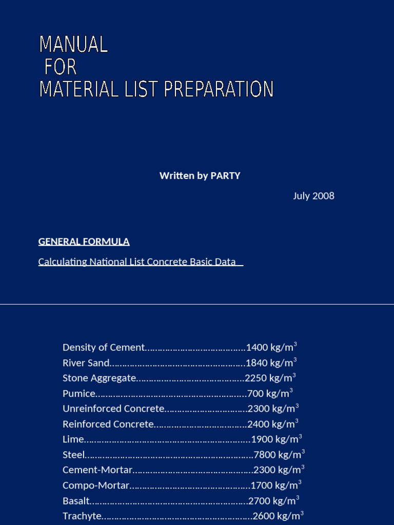 Manual for Materials List Preparation | PDF | Concrete | Mortar (Masonry)