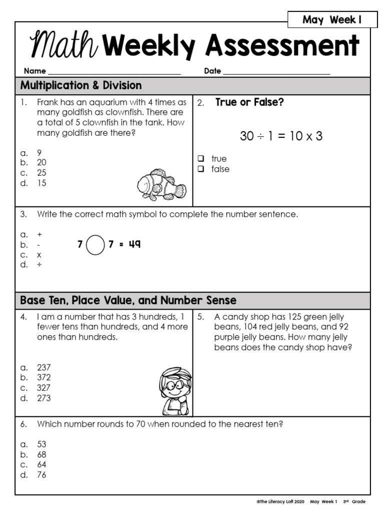 3rd Grade Math Weekly Assessment | PDF | Numbers | Mathematics