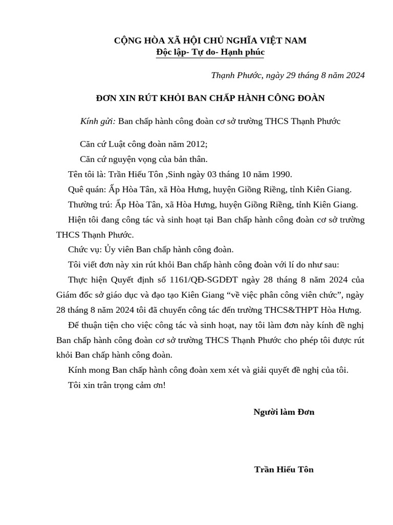 Don Xin Rut Khoi Ban Chap Hanh Cong Doan | PDF