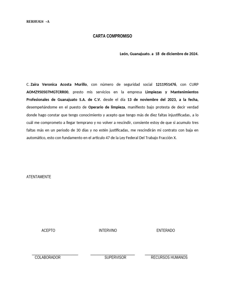 Carta Compromiso Zaira Veronica | PDF