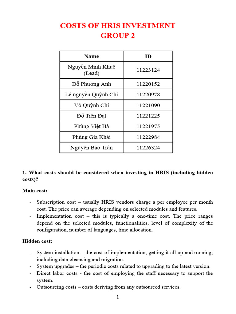 HRIS Investment Cost Breakdown Guide | PDF | Subscription Business ...