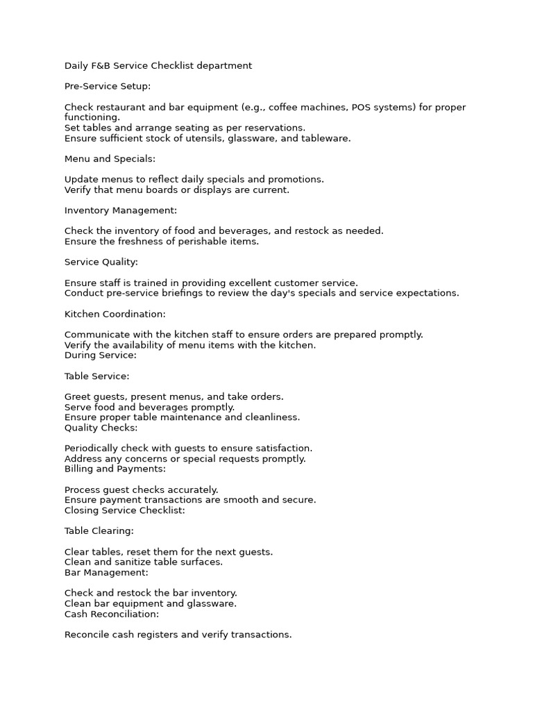 Daily F&B checklist | PDF | Menu | Foodservice