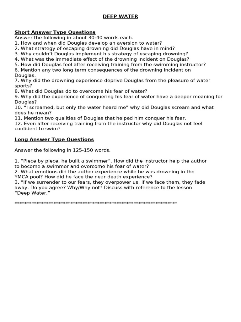 Deep Water: Short Answer Guide | PDF
