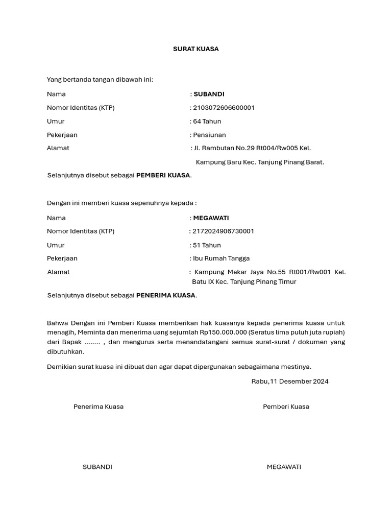 Surat Kuasa Hutang Pak Subandi | PDF