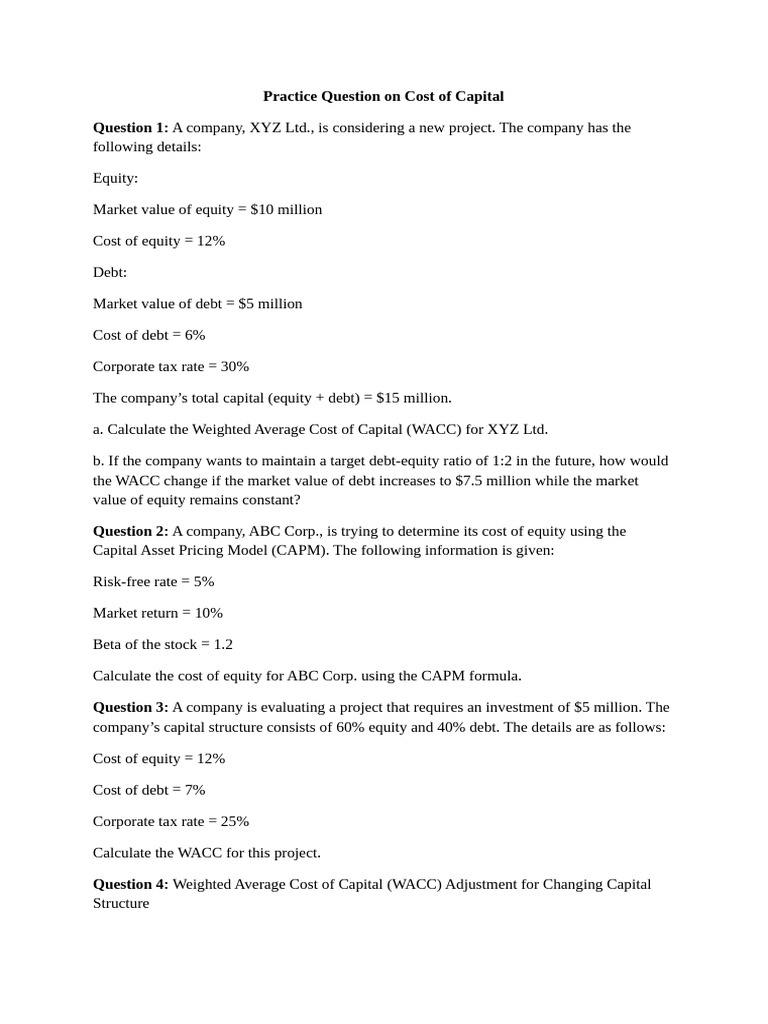 Cost of Capital Practice Questions | PDF | Cost Of Capital | Capital ...