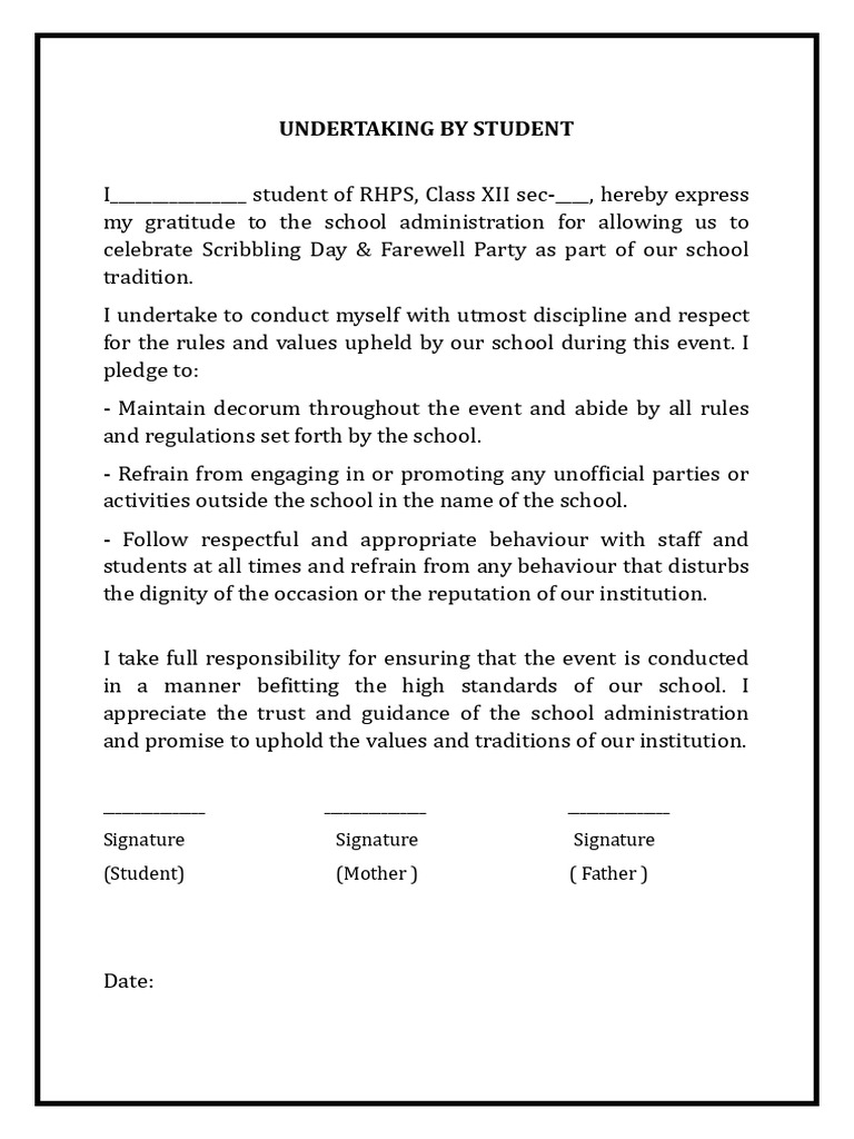 Student's Undertaking For Farewell 2025 | PDF