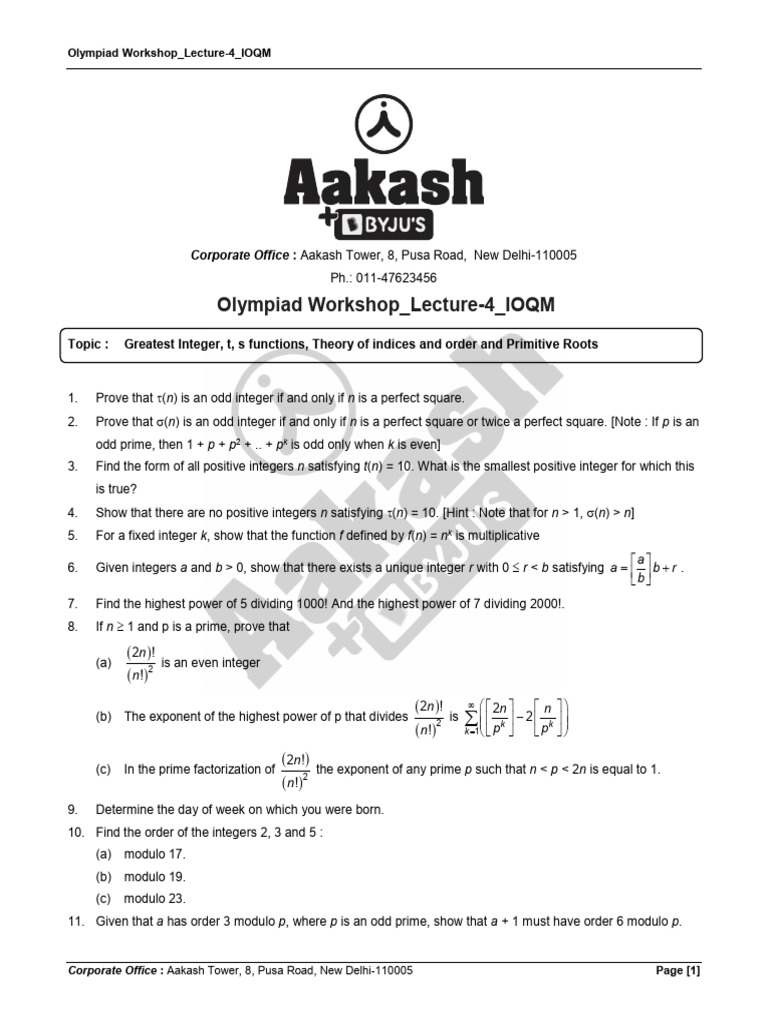 Olympiad Workshop - Lecture-4 - IOQM - (Que.) | PDF | Integer | Mathematical Objects