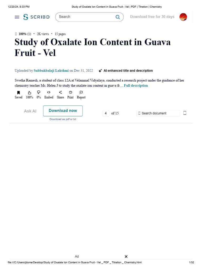 Study of Oxalate Ion Content in Guava Fruit - Vel - PDF - Titration ...