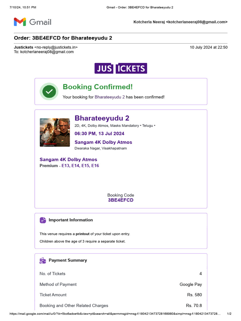 Gmail - Order - 3BE4EFCD For Bharateeyudu 2 | PDF