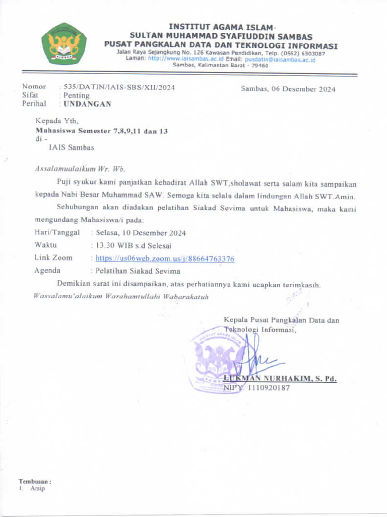 Undangan Pelatihan Siakad Sevima Mahasiswa554 | PDF