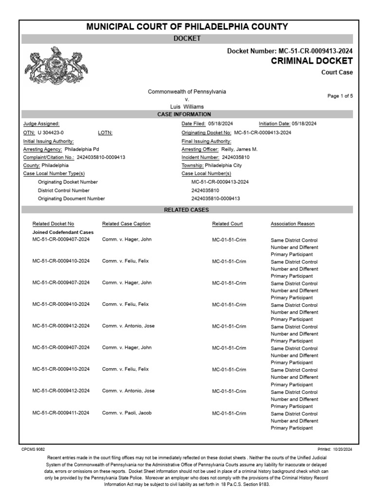 CP Docket Sheet | PDF | Criminal Record | Bail