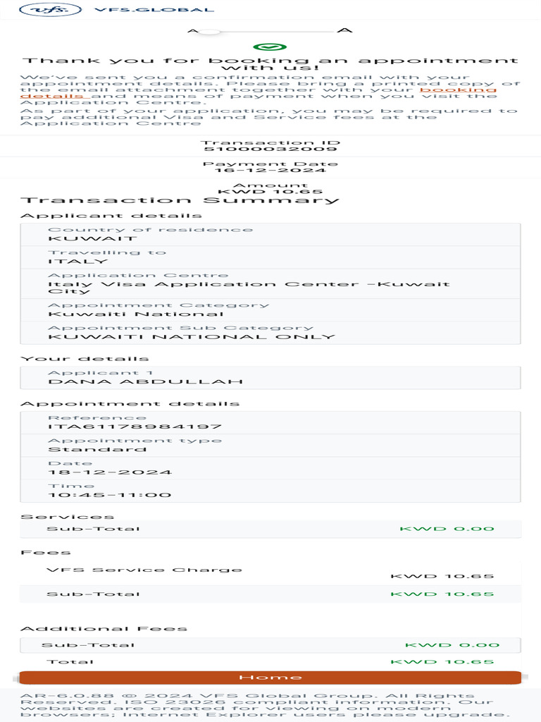 Italy Visa Appointment Confirmation | PDF