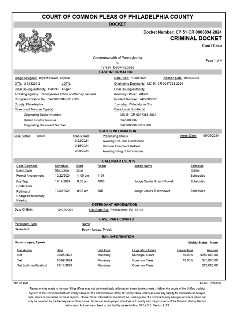 CP Docket Sheet | PDF | Bail | Complaint
