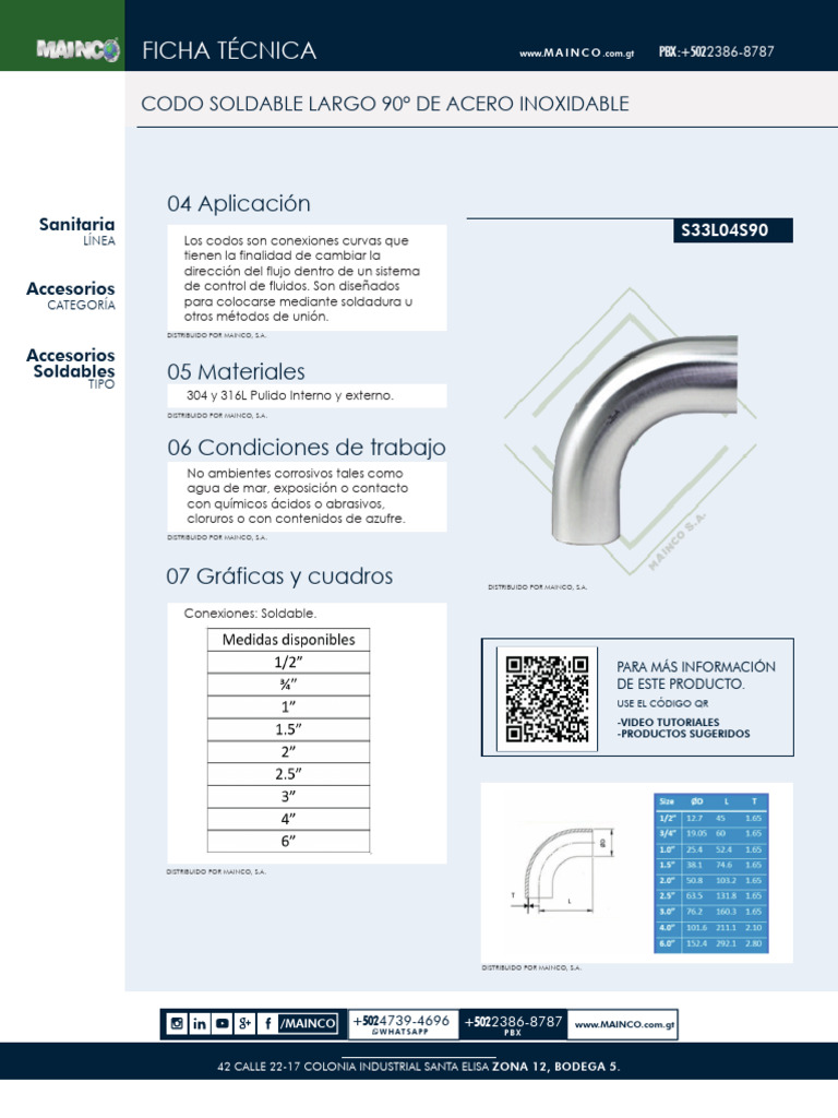 Codo Soldable Largo 90° de Acero Inoxidable | PDF
