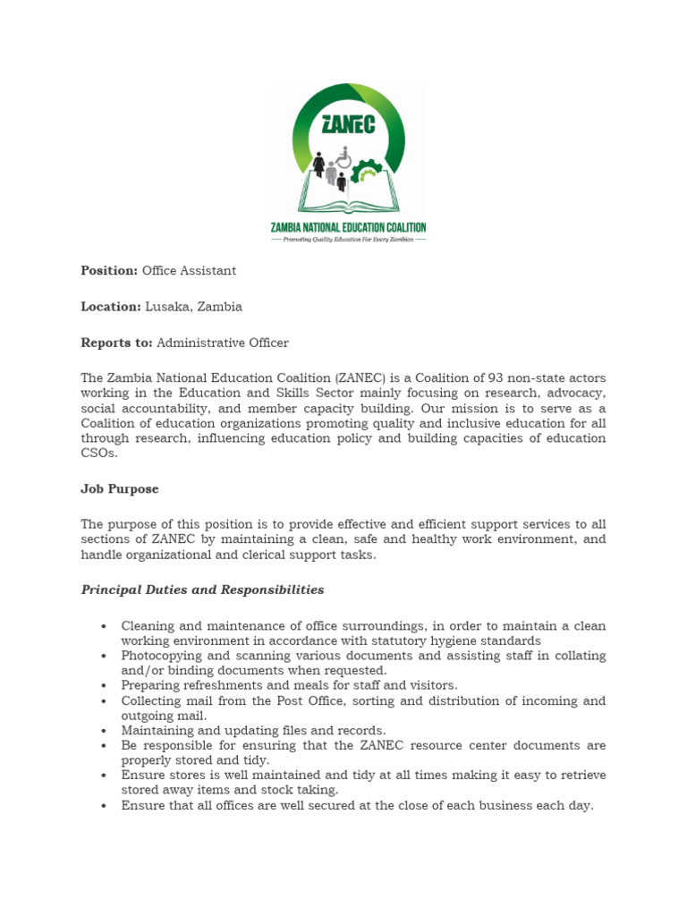 ZANEC Job Advert Office Assistant | PDF | Zambia