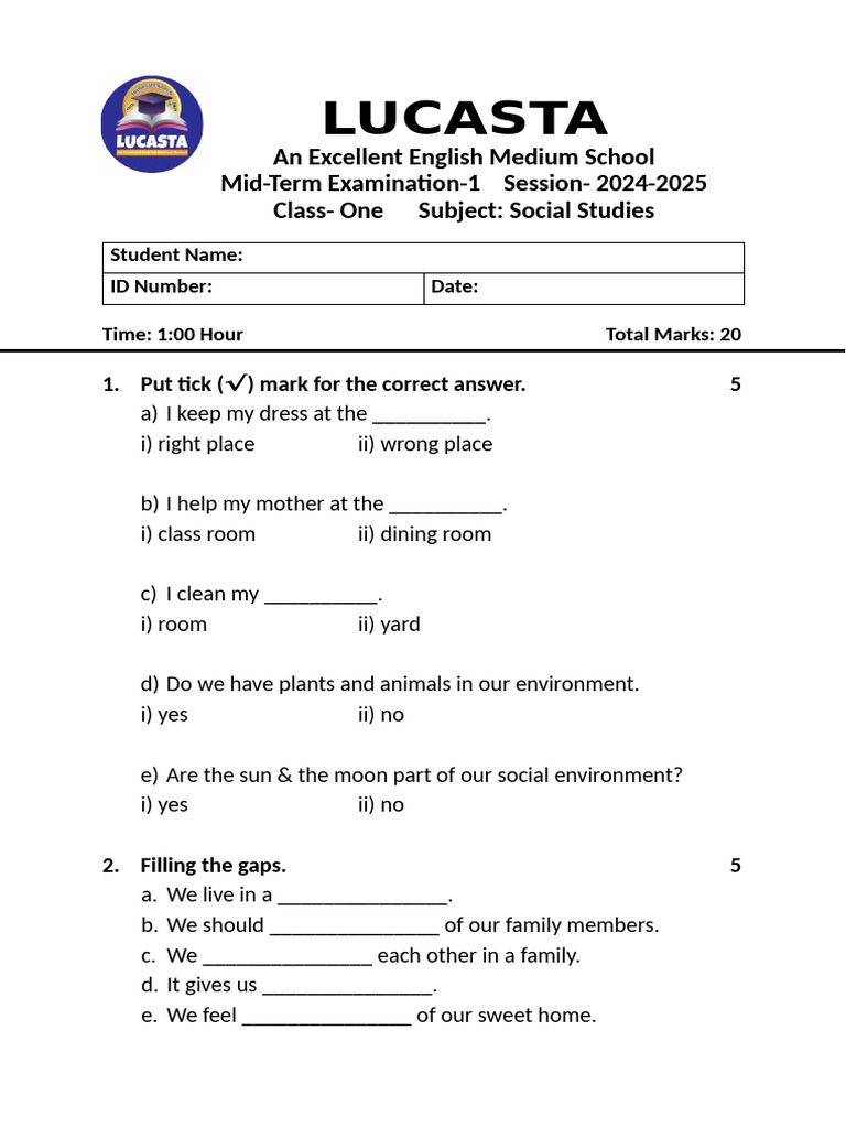 Class - 1, Subject - Social Studies | PDF