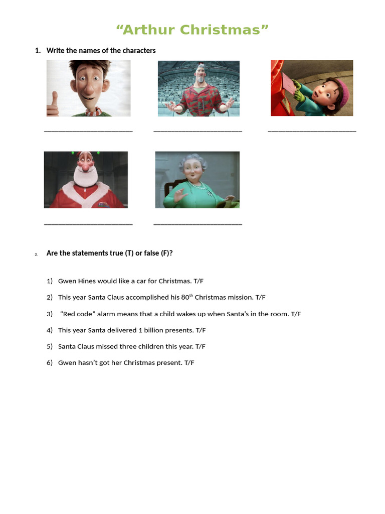 Arthur Christmas Movie Worksheet | PDF
