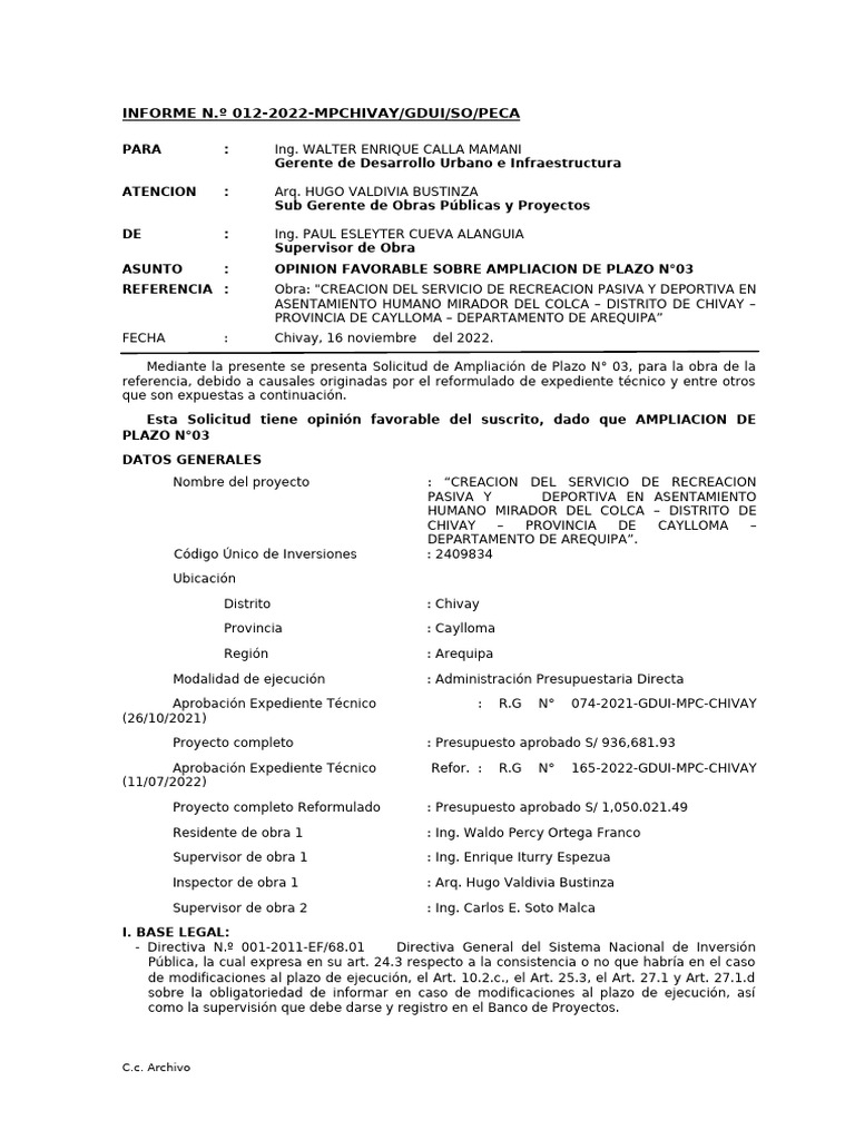 Informe N°012-2022-Mpchivay - Aprobacion Ampliacion Plazo 2 | PDF