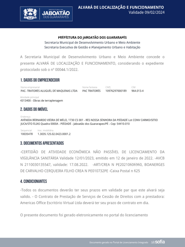 Alvará de Localização e Funcionamento PAC TRATORES | PDF