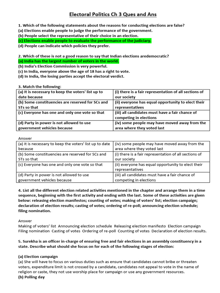 Electoral Politics Ch 3 Ques and Ans | PDF | Elections | Voting