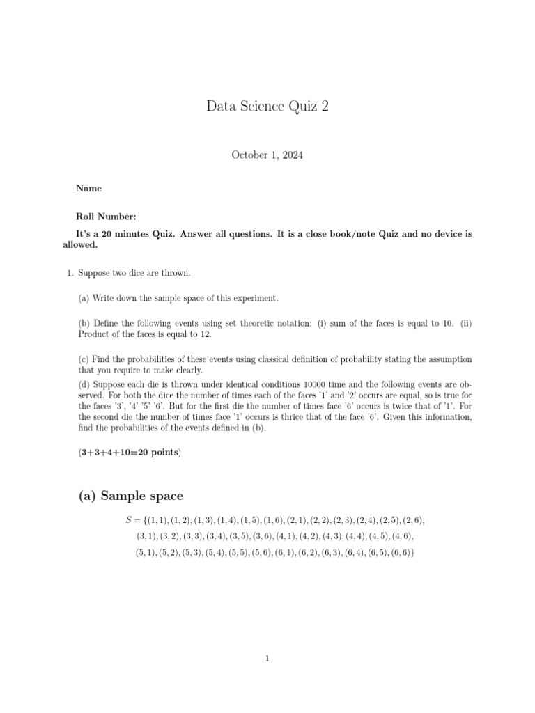 Data Science 2024 Quiz 2 Solution (1) | PDF | Probability And Statistics | Applied Mathematics