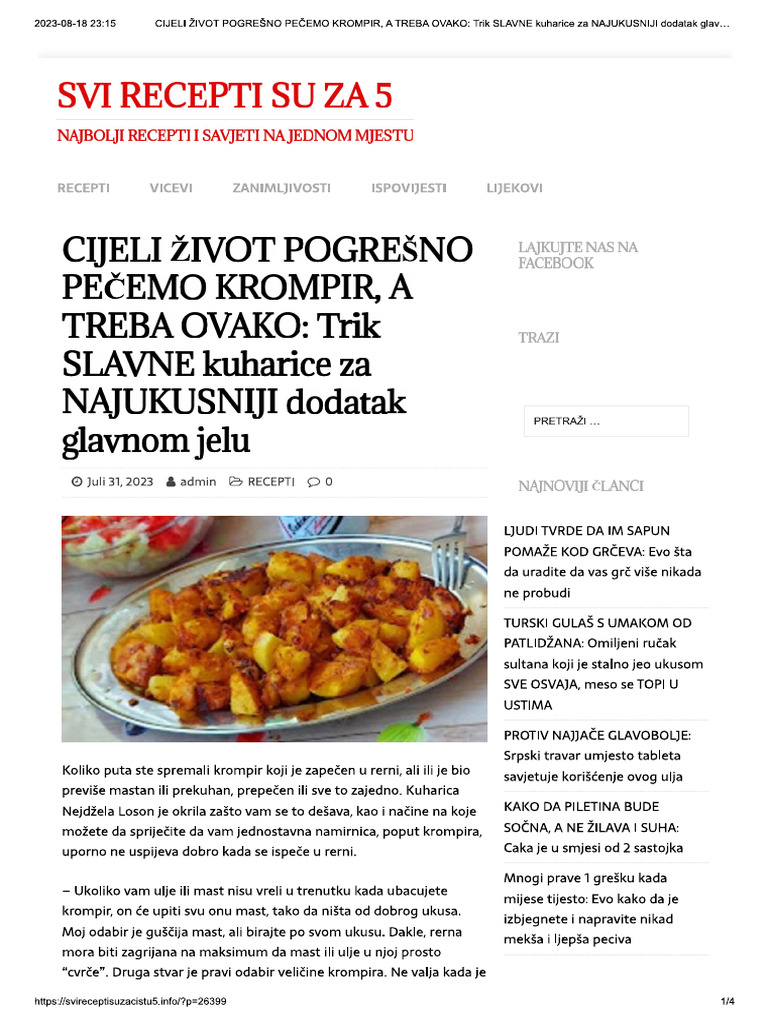 Peceni Krompir Trik Sa Grizom | PDF