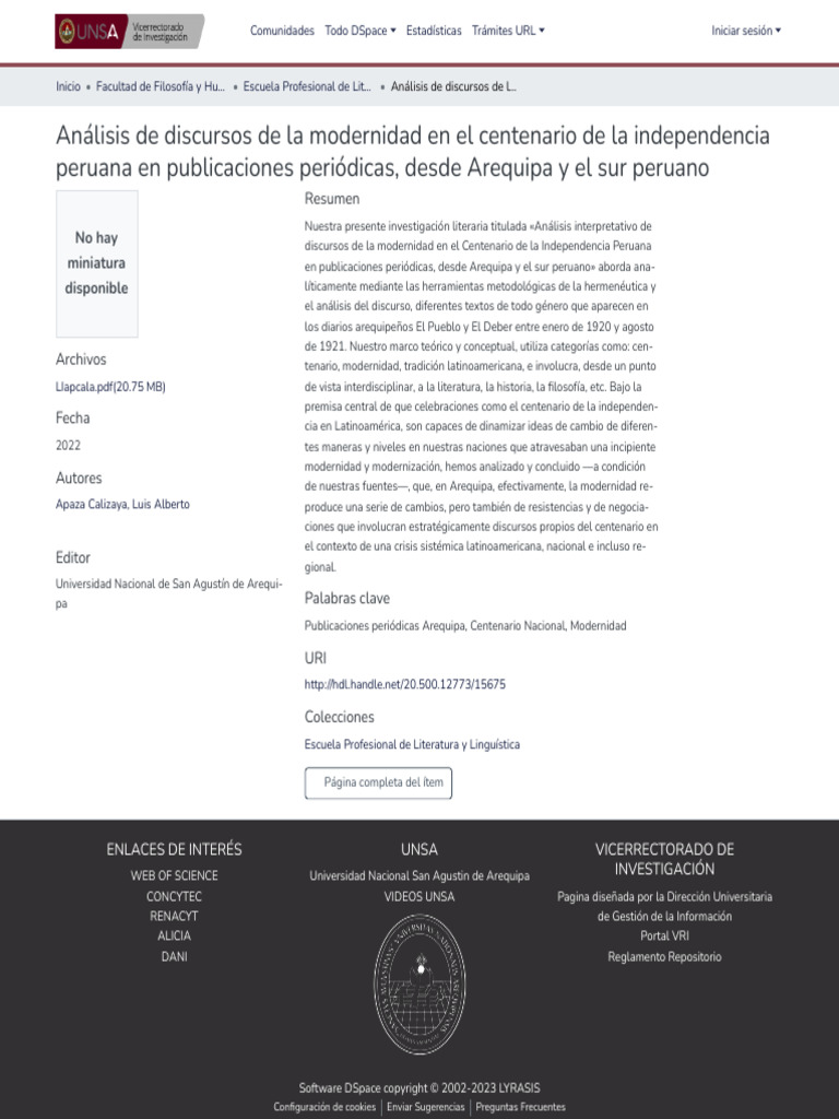 Análisis de Discursos de La Modernidad en El Centenario de La Independencia Peruana en ...