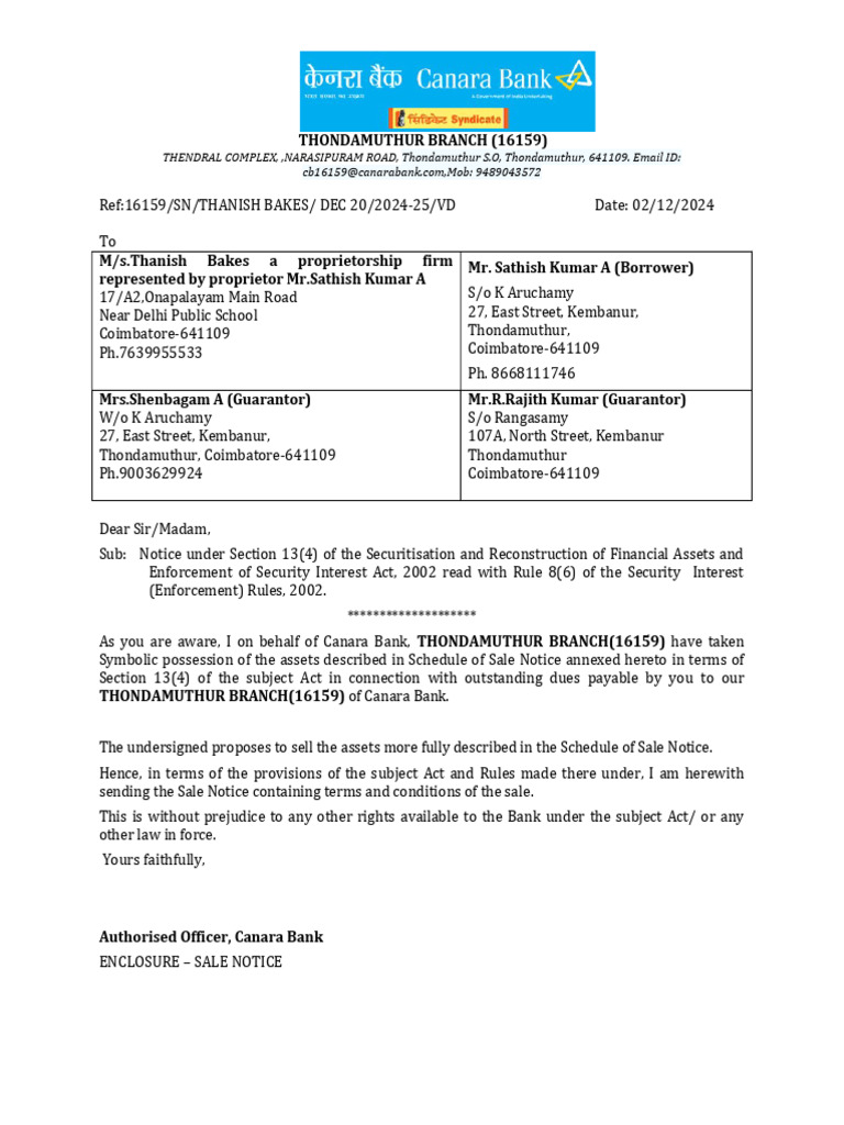 Thanish Bakes Sale Notice | PDF | Auction | Security Interest