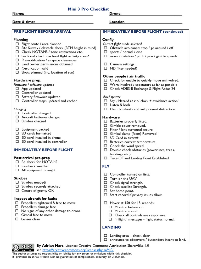 Mini 3 Pro Drone Pre-Flight Checklist | PDF | Unmanned Aerial Vehicle | Aviation