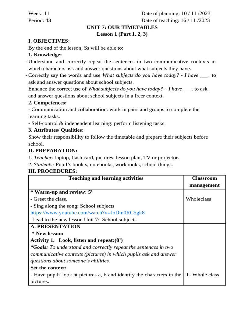TIENG-ANH-4-UNIT-7-LINH | PDF | Lesson Plan | Teachers