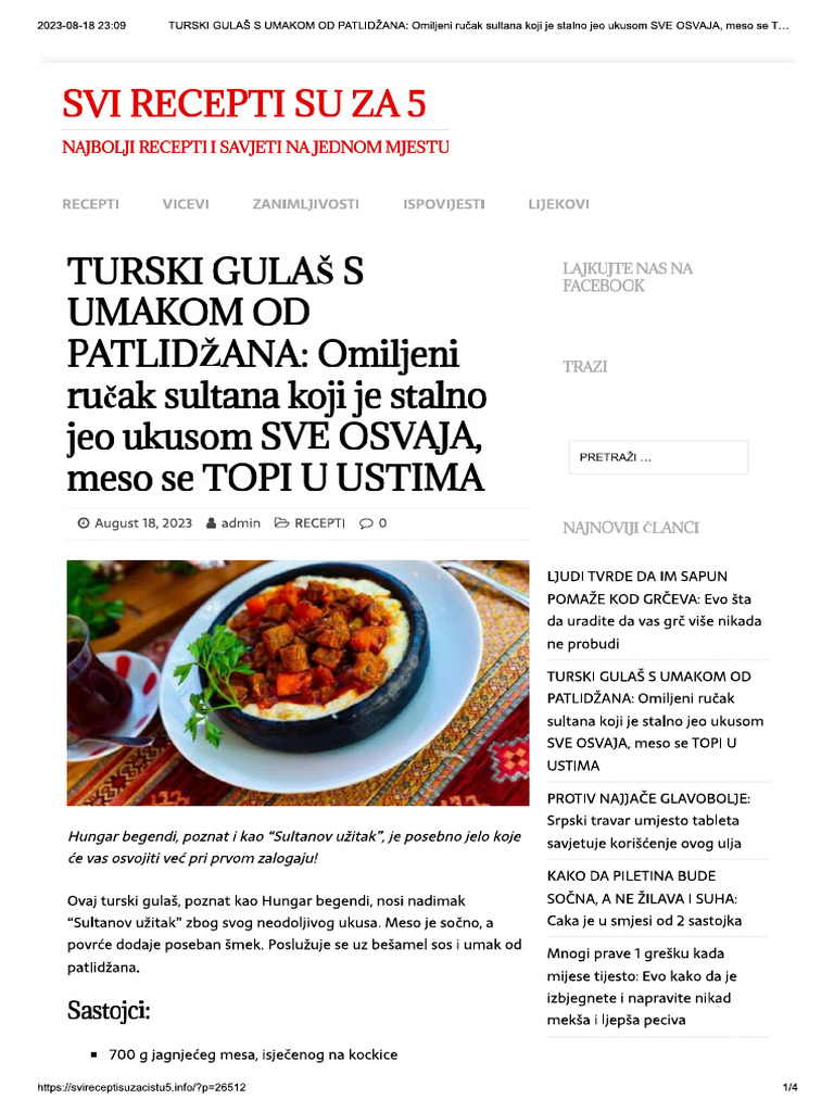 Gulas Sa Sosom Od Patlidzana Sultanov Recept | PDF