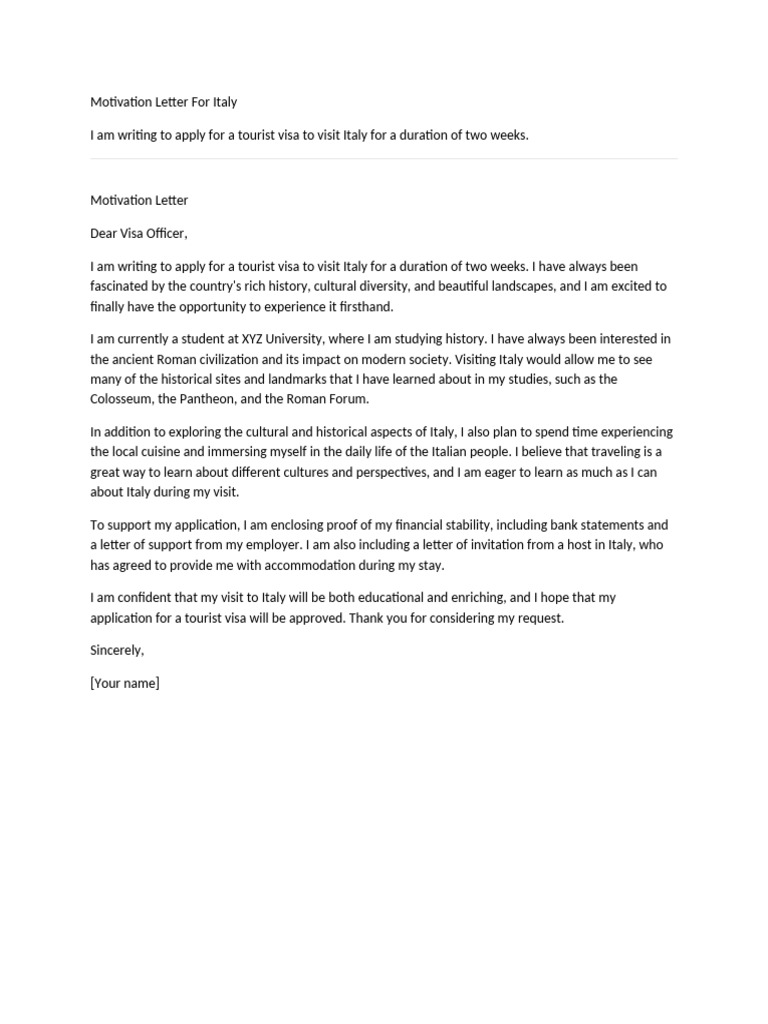 Tourist Visa Motivation Letter for Italy | PDF
